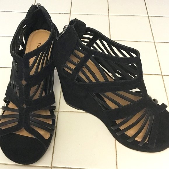 torrid | Shoes | Torrid Wedge Strappy Sandals Wide Suede Back Zip Peep ...